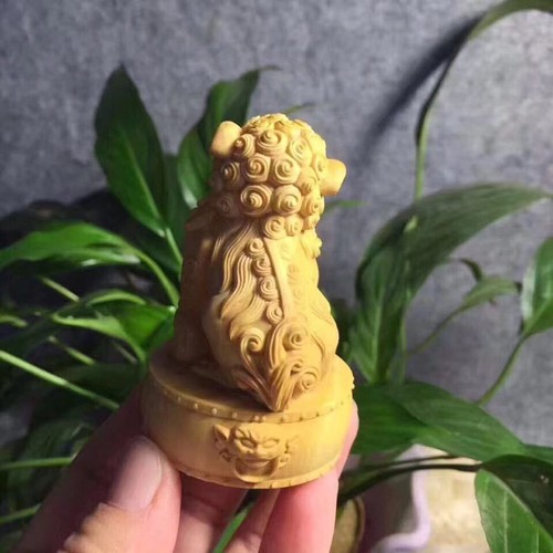 A Pair 2.75 Boxwood Wood Carving Pixiu Statue Feng Shui Tea Pet Lion ...