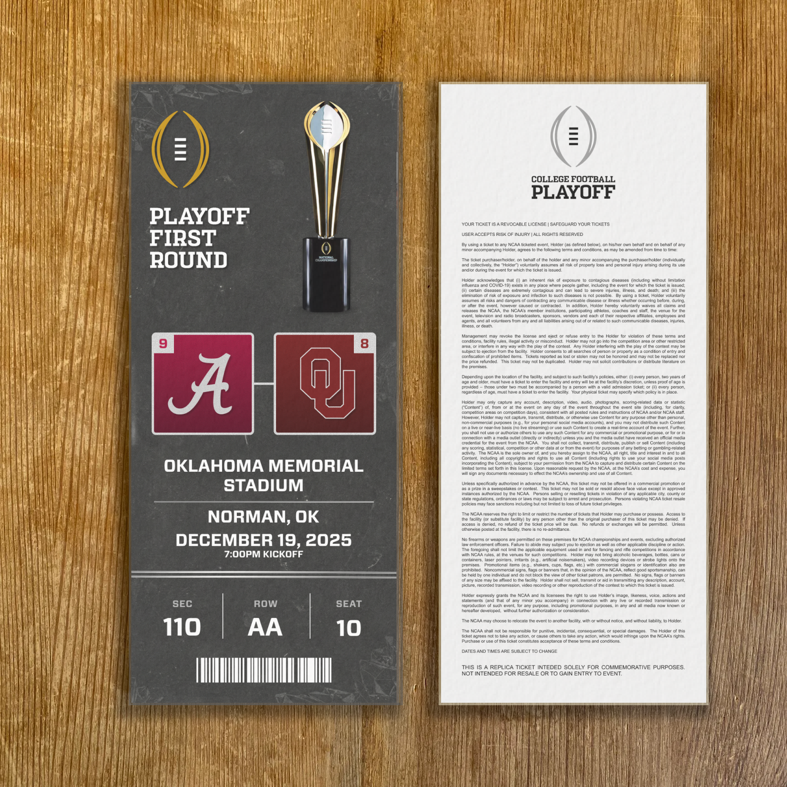 OKLAHOMA vs ALABAMA 2025 College Football Playoff Custom Ticket Stub ...