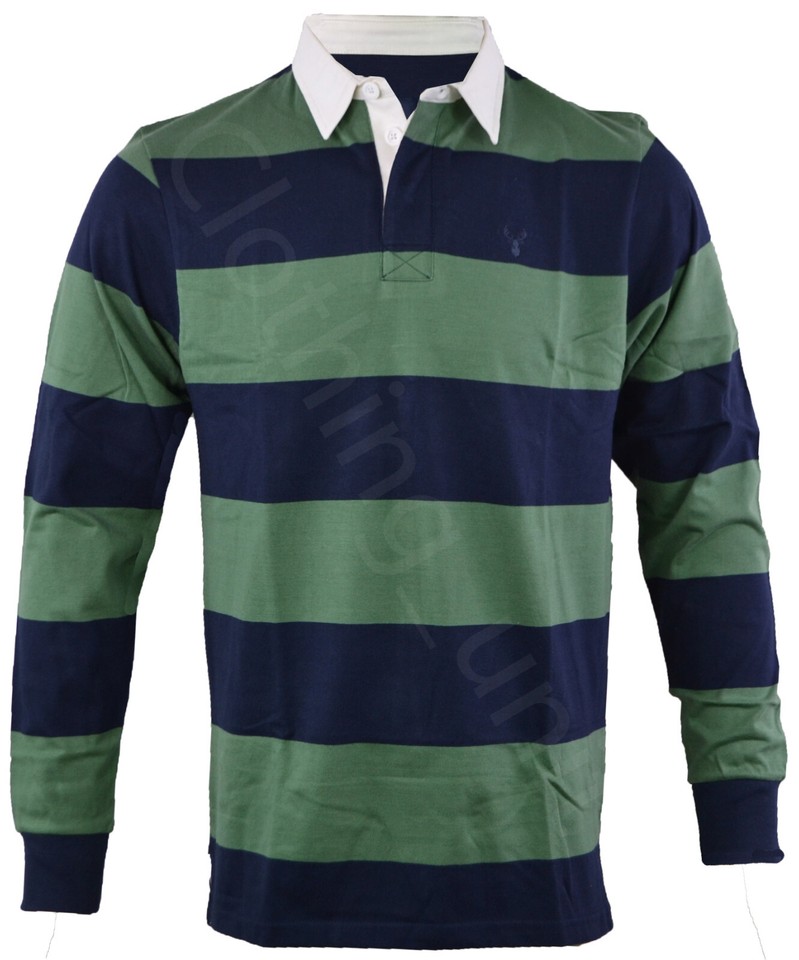 Mens Long Sleeve Rugby Polo Button Shirt Collared Striped Top Cotton M ...