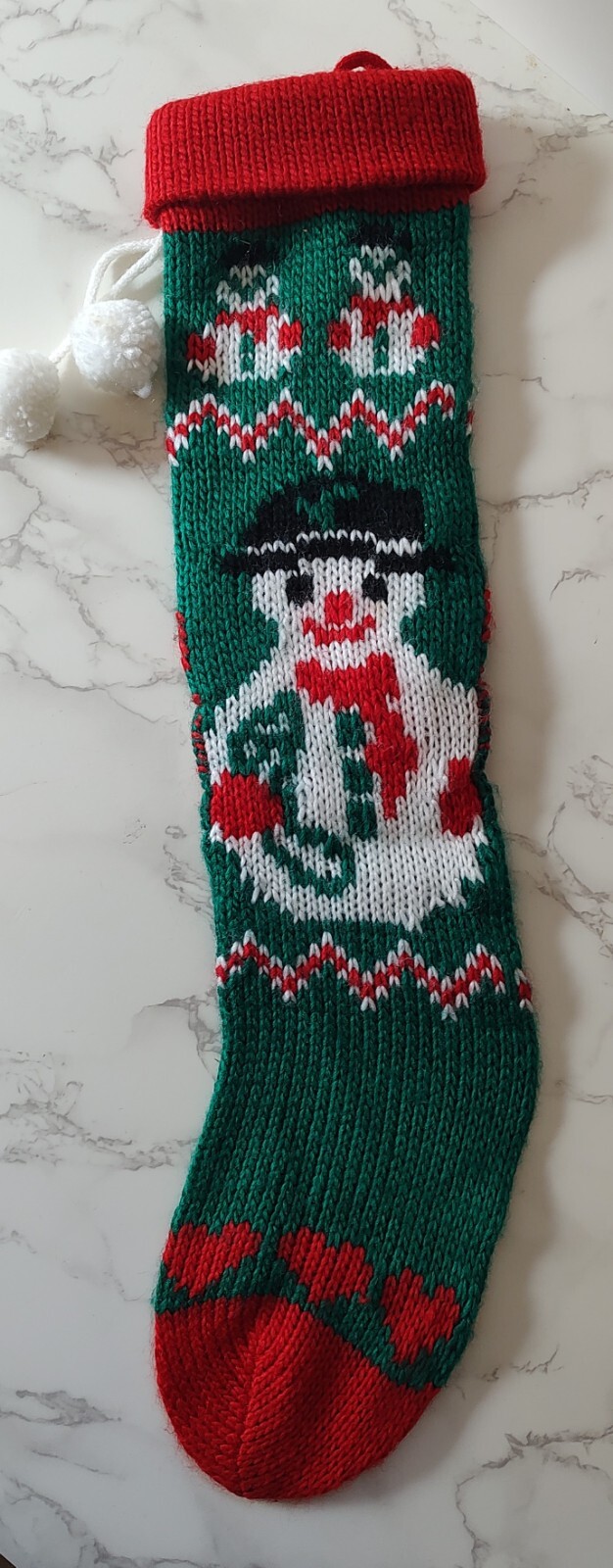 Vintage Stocking Snowman Heart Top Hat Christmas Two Pom Poms Stocking ...
