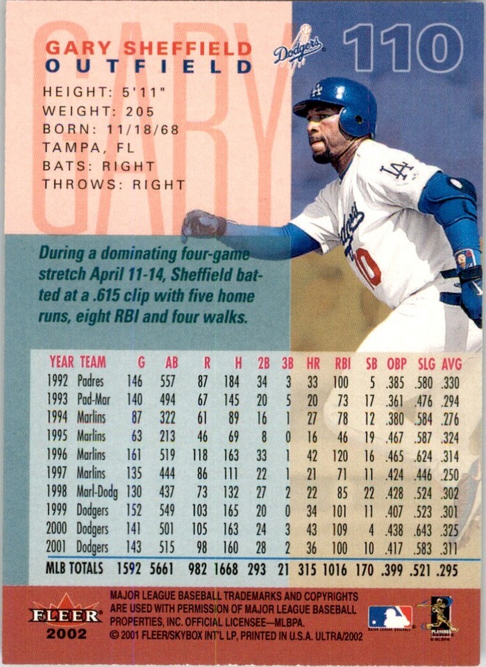 2002 Fleer Ultra Gary Sheffield Los Angeles Dodgers #110 MLB Baseball Card | eBay
