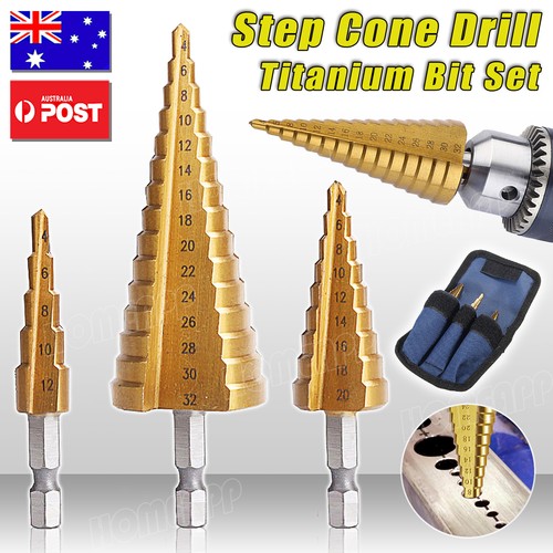 AU 3PCS HSS Steel Step Cone Drill Titanium Bit Set Hole Cutter 4-12/20 ...