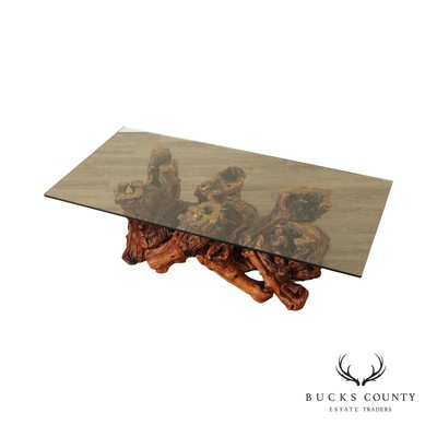 VINTAGE ROOT WOOD BASE GLASS TOP COFFEE TABLE | eBay