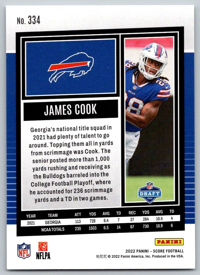 2022 SCORE FOOTBALL JAMES COOK ROOKIE RC BUFFALO BILLS #334 | eBay