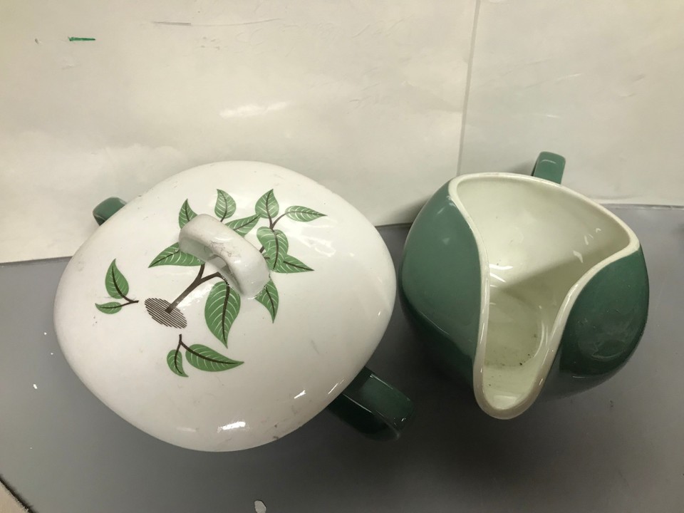 VTG mid century modern Green creamer & sugar bowl w Cover Tree Design ...