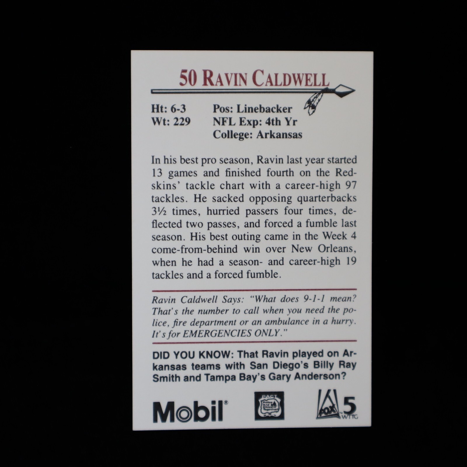 1990 Ravin Caldwell Washington Redskins Mobil FOX 5 Police Card #50 | eBay