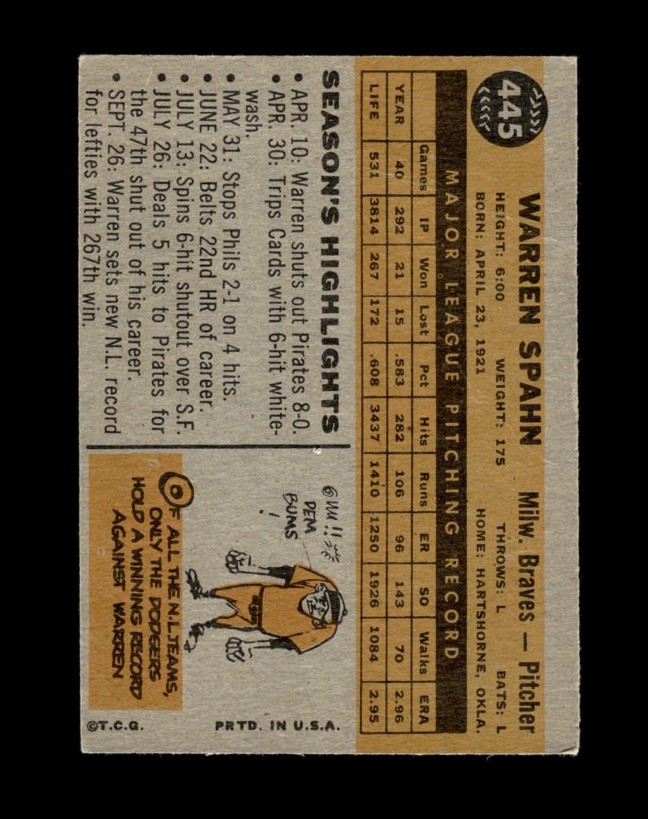 1960 Topps Set-Break #445 Warren Spahn LOW GRADE (crease) *GMCARDS* | eBay