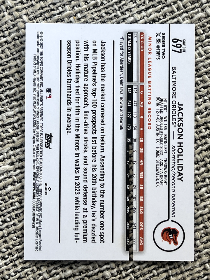 Jackson Holliday 2024 Topps Fun Face SSP LOOK Only One sawcut w/ sawcut ...