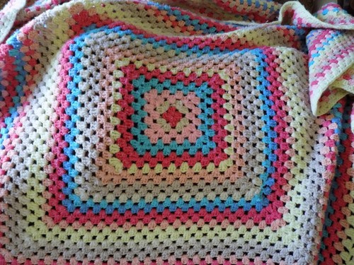 Afghan Hand Crochet Square Pattern Throw Blanket Pink/Yellow/Blue 54" x ...