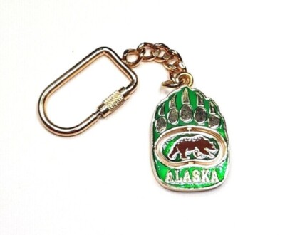 Alaska Grizzly Bear Paw Green Gold Tone Souvenir Spinner Keyring ...