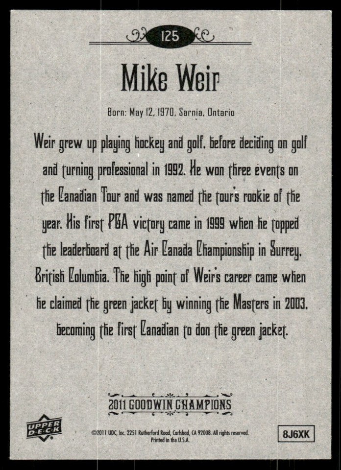 2011 Upper Deck Goodwin Champions Mike Weir Auto #125 Signed | eBay