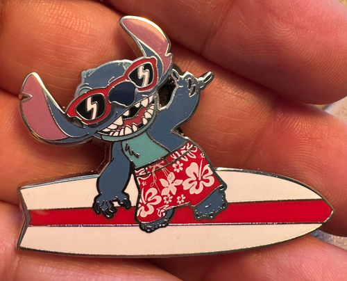 DISNEY PIN STITCH SURFING ON SURFBOARD IN RED SUNGLASSES & ALOHA SHORTS ...