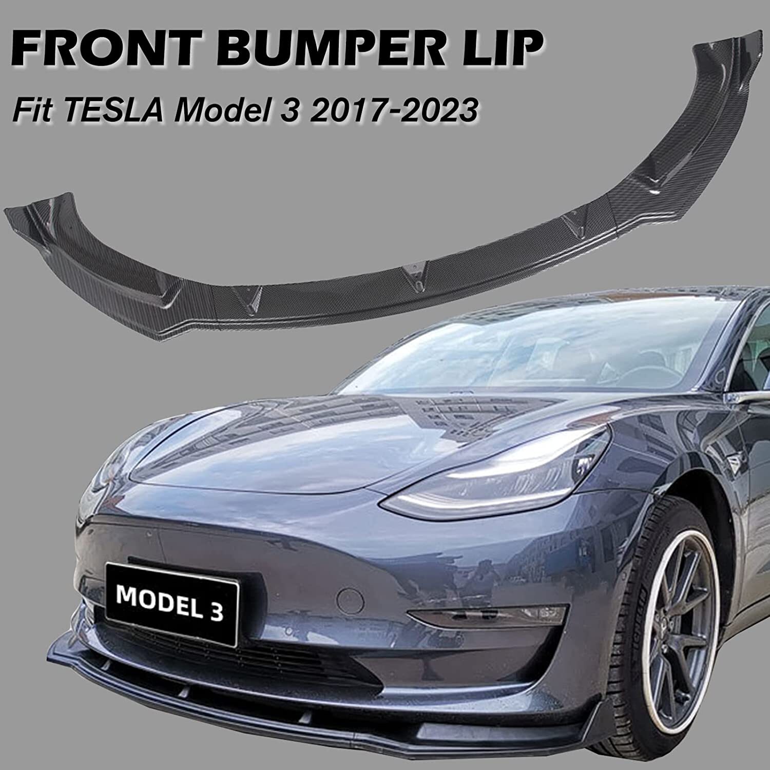 For Tesla Model 3 Front Bumper Lip Kit Spoiler Wing Glossy Carbon Fiber ...
