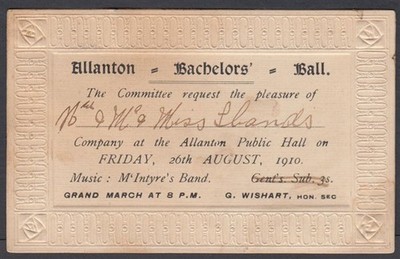NEW ZEALAND 1910 ALLANTON (OTAGO) BACHELORS BALL CARD (ID:099/D66040 ...