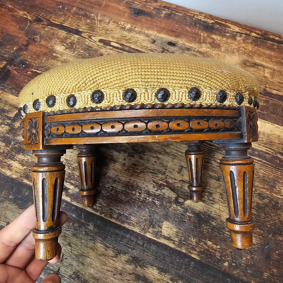 Antique French Petit Point Embroidered Footstool 11.5"Diam × 7.5"H | eBay
