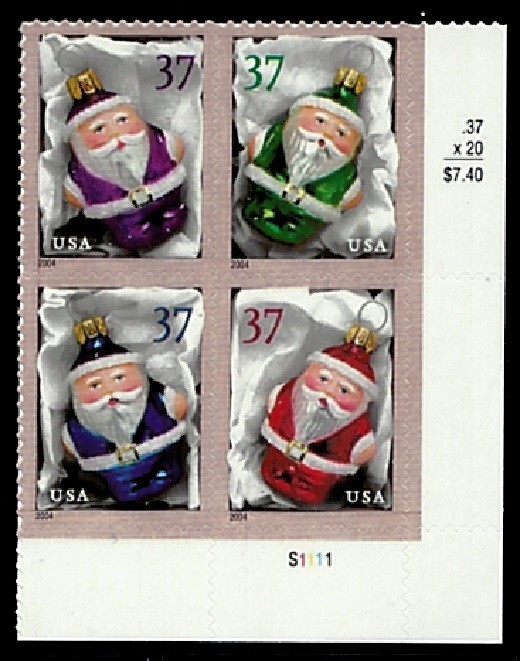 US 2004 SC#3883-86 CHRISTMAS ORNAMENTS POSTAGE STAMP PANE 20 - P# BLOCK ...