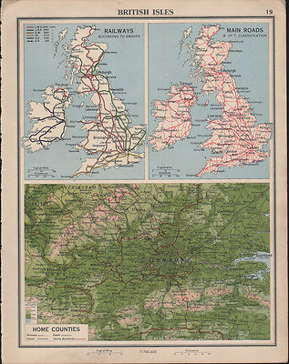 1939 MAP ~ BRITISH ISLES ~ RAILWAYS MAIN ROADS ~ HOME COUNTIES LONDON ...