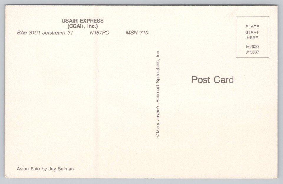 Postcard USAIR EXPRESS (CCAir, Inc.) BAe 3101 Jetstream 31 N167PC MSN ...