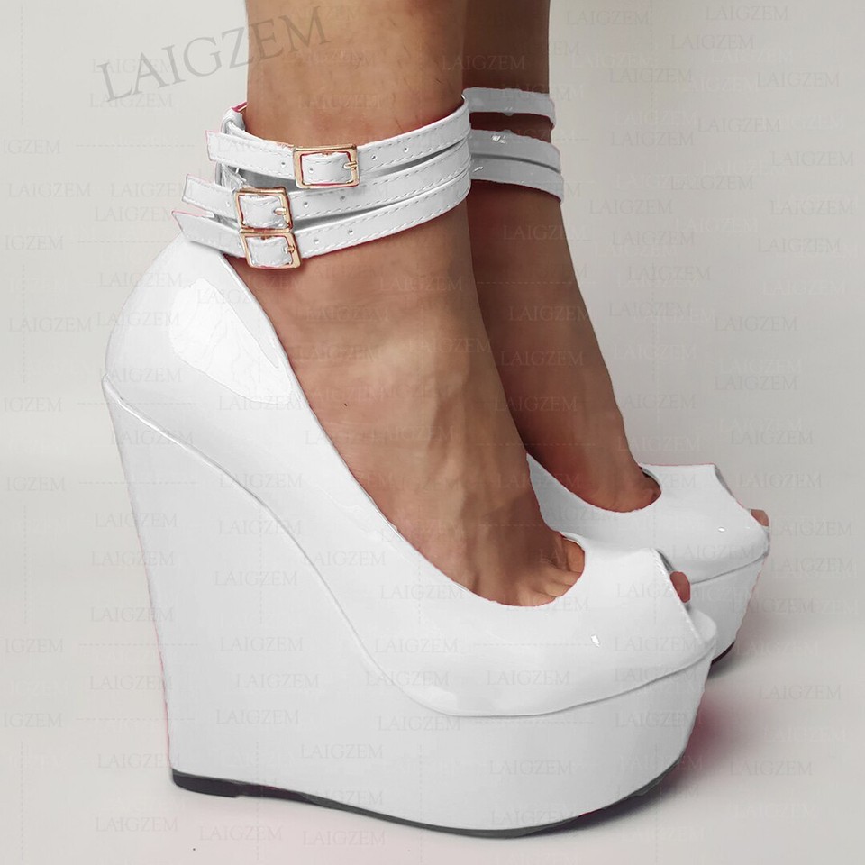 Women Platform Wedges Pumps Ankle Straps Shiny Peep Toe High Heels ...
