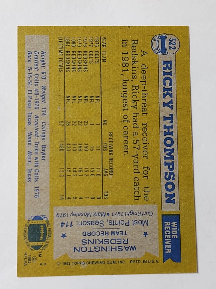 1982 TOPPS RICKY THOMPSON #522 CARD $0.99 VALUE BOX | eBay