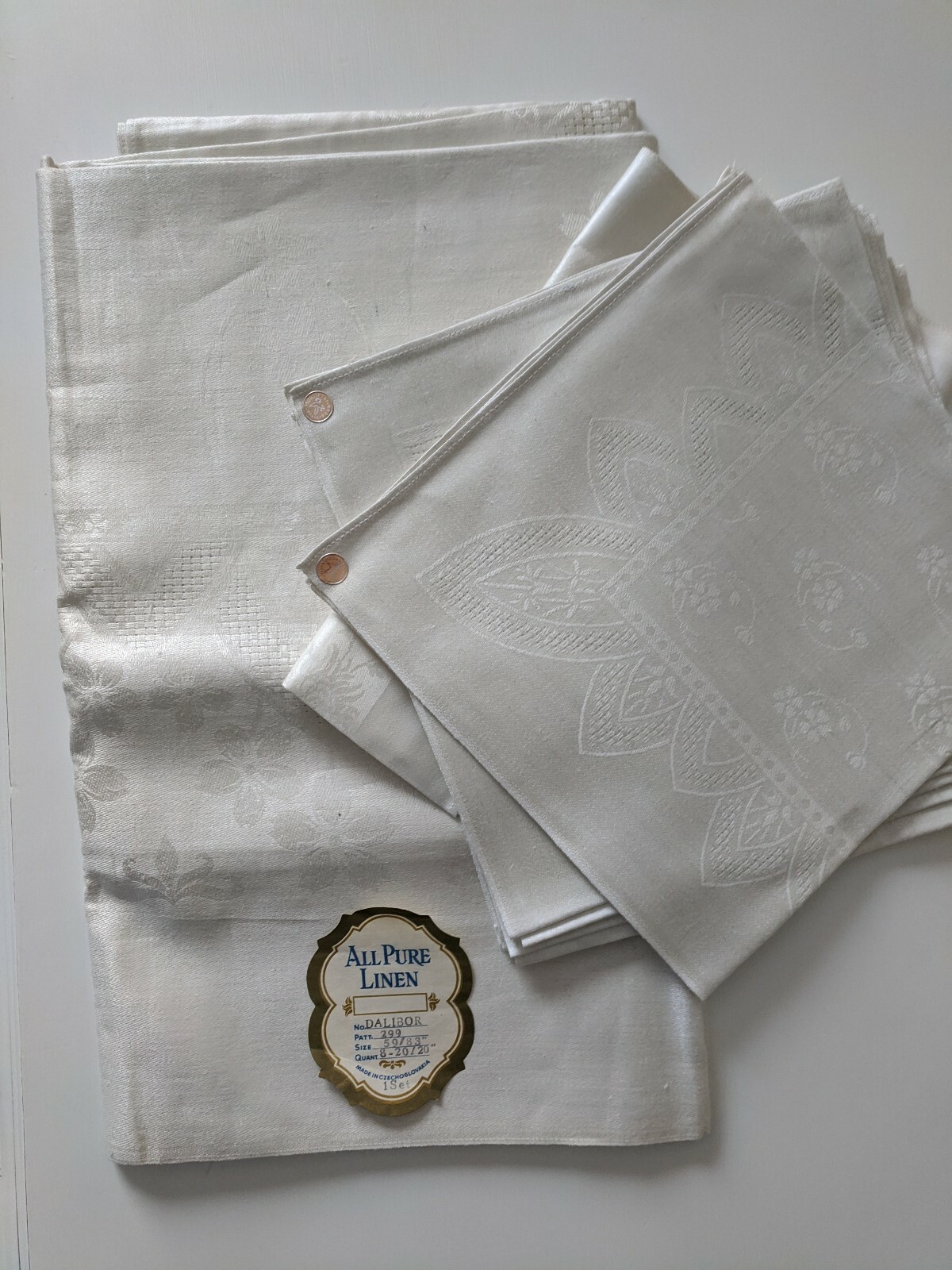 Vintage NOS Basket Weave Czech Linen Damask Tablecloth & 8 Napkin Set ...