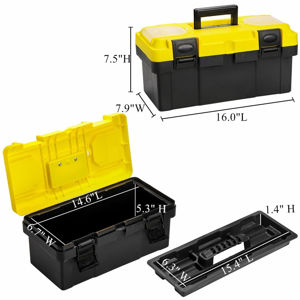 16-Inch Plastic Tool Box with Handle, Toolbox with Removable Tray ...