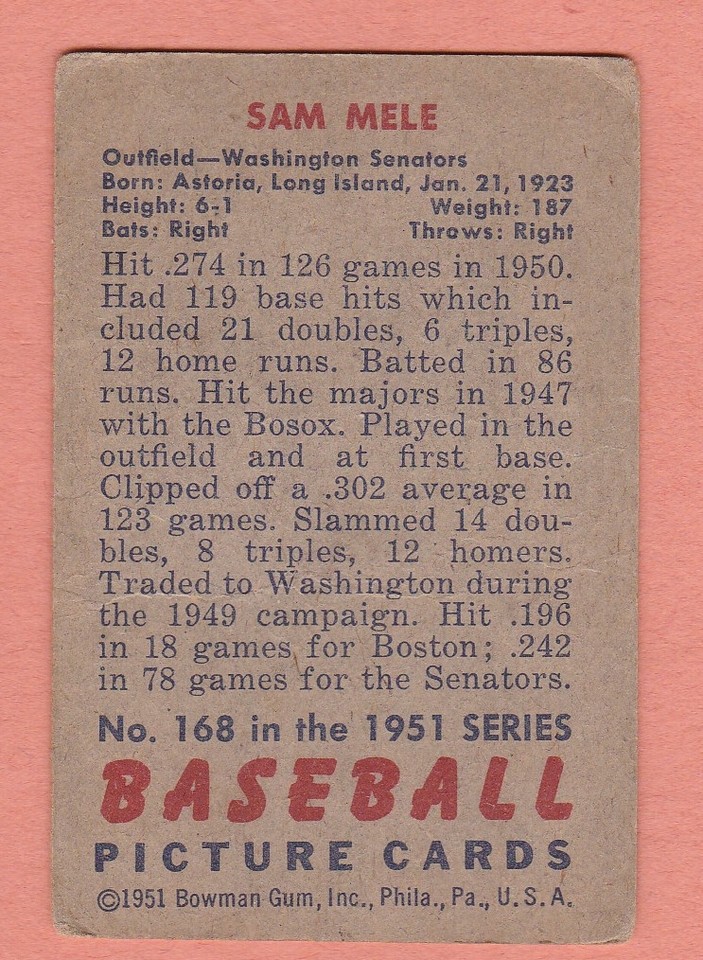 1951 BOWMAN VINTAGE SAM MELE CARD#168 WASHINGTON SENATORS | eBay