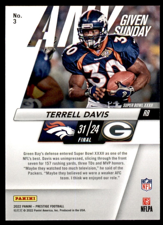 Terrell Davis 2022 Panini Prestige Any Given Sunday Insert Card #3 ...