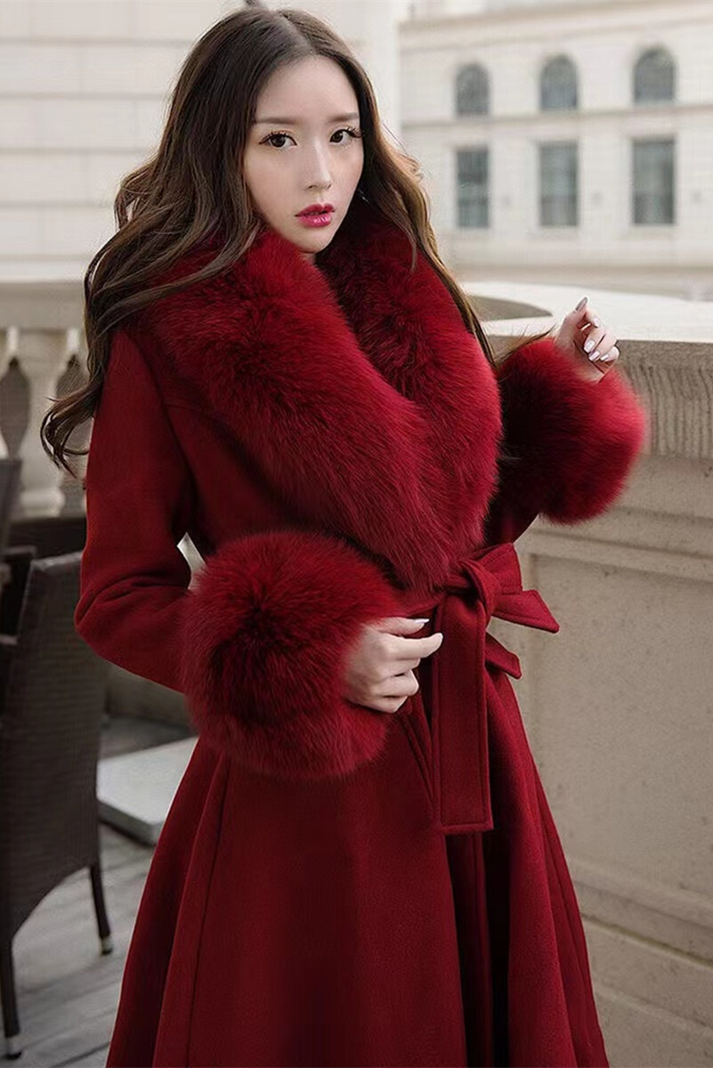 Women Big Fur Collar Long Trench Coat Wool Blend Faux Fur Cuff Woolen ...