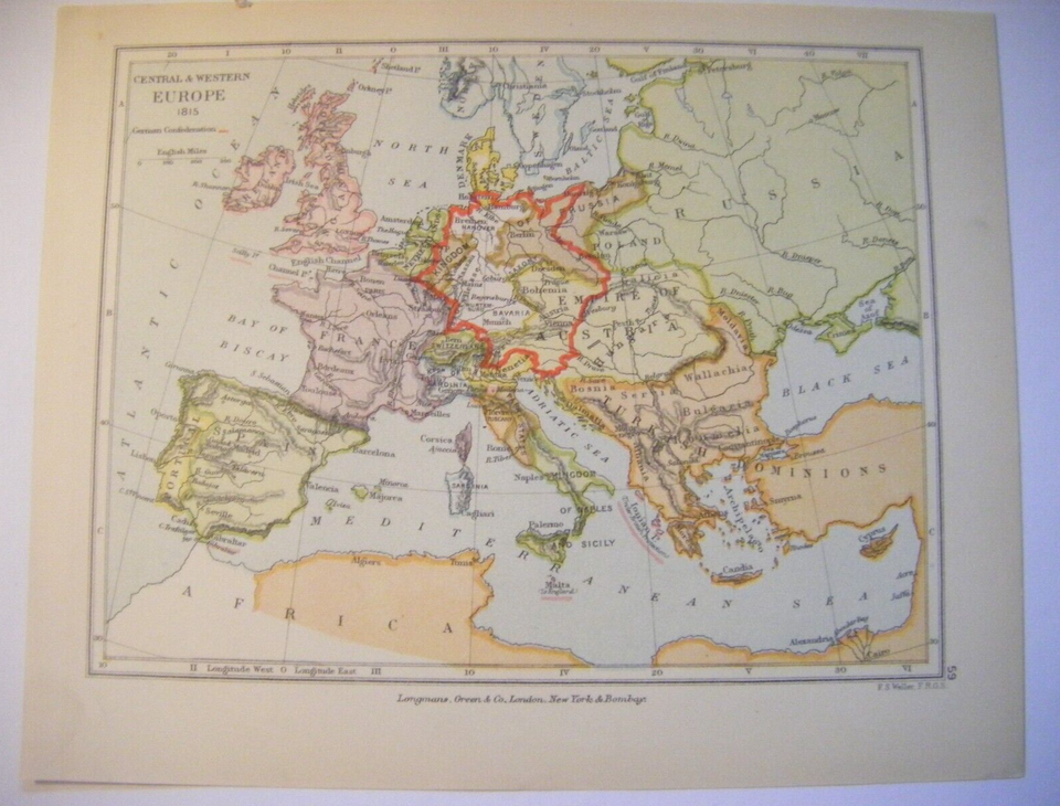 Original 1899 Antique Map Central & Western Europe 1815 | eBay UK