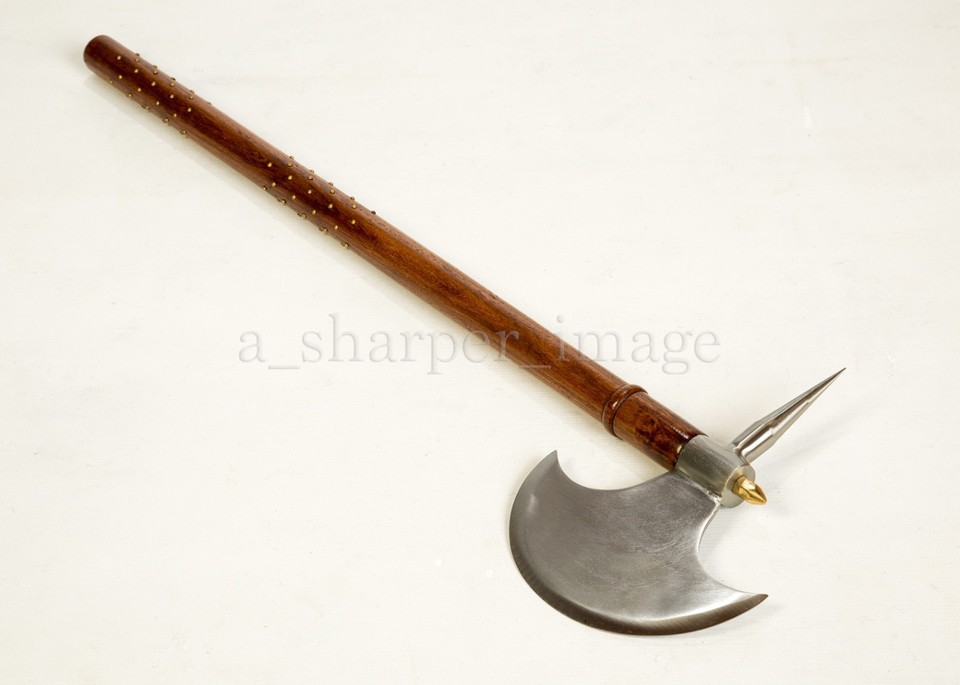 Medieval 32" Battle Axe + Spike + Studded Handle Curved Single Bit Good ...