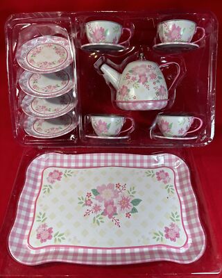 Schylling 15 Piece Tin Tea Set Fancy Tea Teapot Teacups/Saucers Pink ...