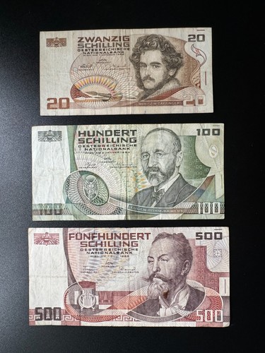 Austria 20, 100, 500 Schilling Banknotes 1984-85-86 old Bank Bills 3Pcs ...