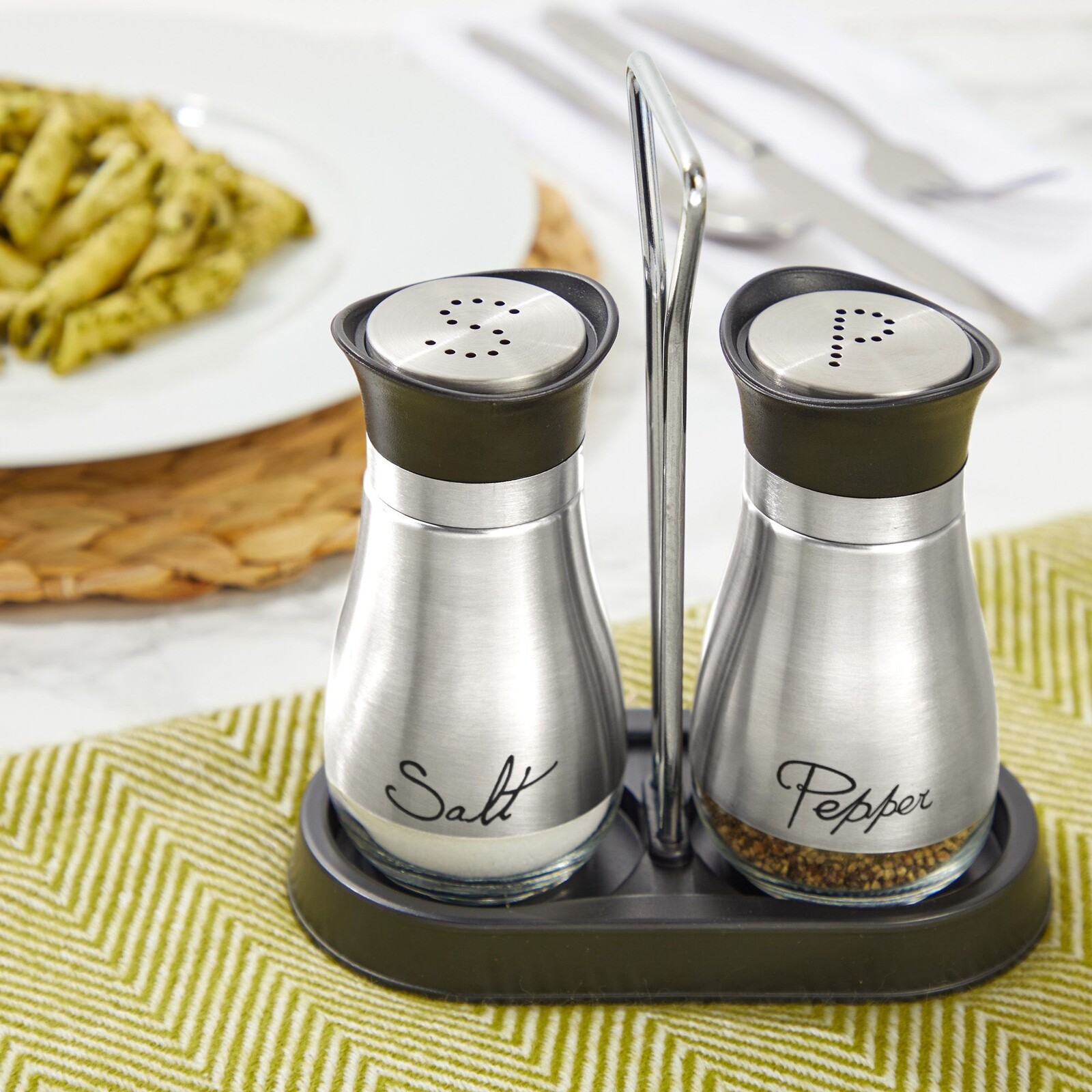 3 Piece Stainless Steel Salt and Pepper Shakers Set with Holder (4 oz ...