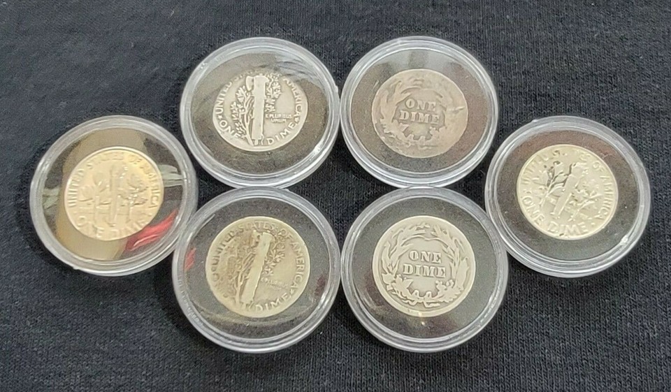 Lot of 6 Dimes 1899 & 1914 Barbers 1917 & 1936 Mercury 1963 D & 1964 ...
