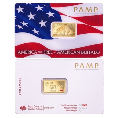 5 gram Gold Bar PAMP America The Free American Buffalo .9999 Fine Bar ...