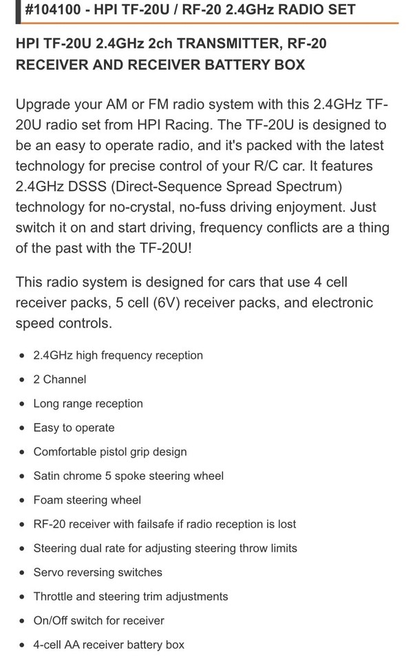 HPI TF-20U Transmitter 2.4GHz With TF-20 Receiver Set With 2 SX-1 ...