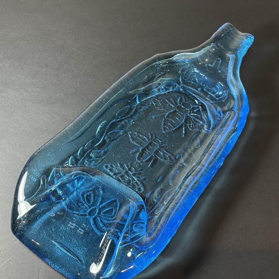 Flattened bottle novelty spoon rest, blue glass bees and flowers design ...
