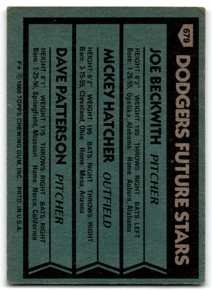 1980 Topps Dodgers Future Stars - Joe Beckwith/Mickey Hatcher/Dave ...