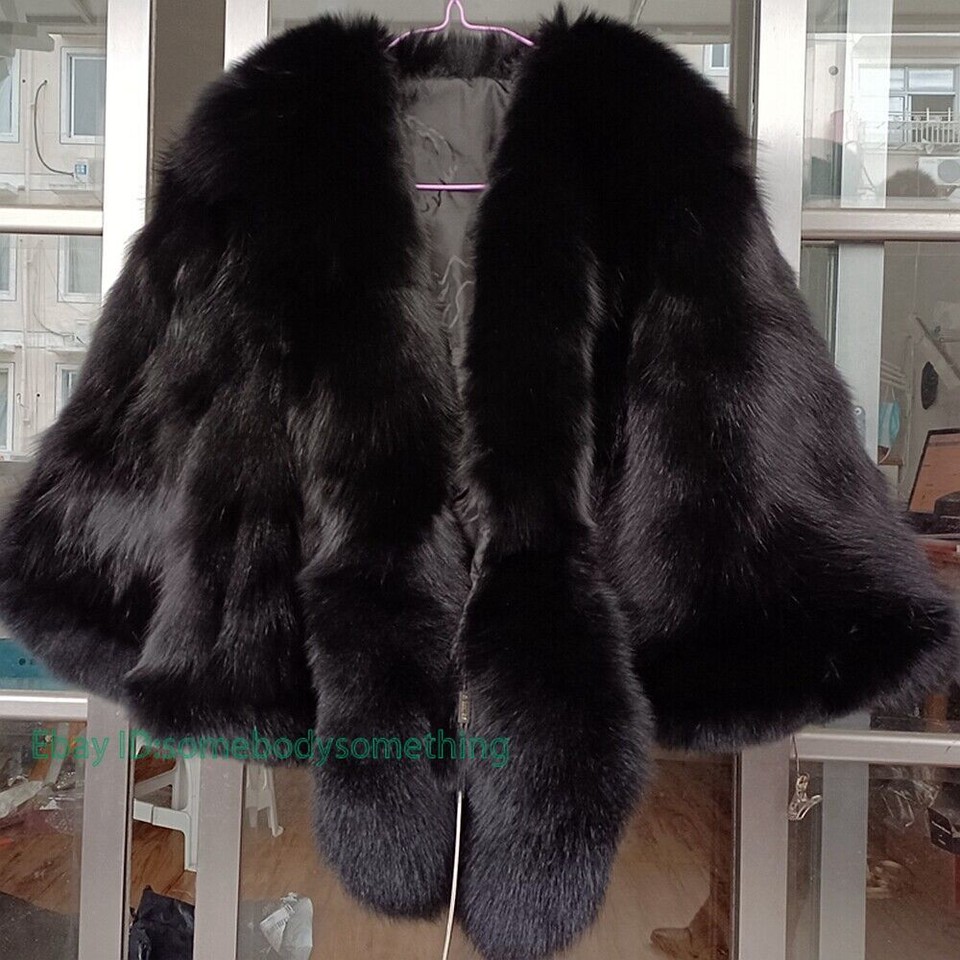 100% Real Fox Fur Coat Women's Fur Short Overcoat Jacket Black with Two ...
