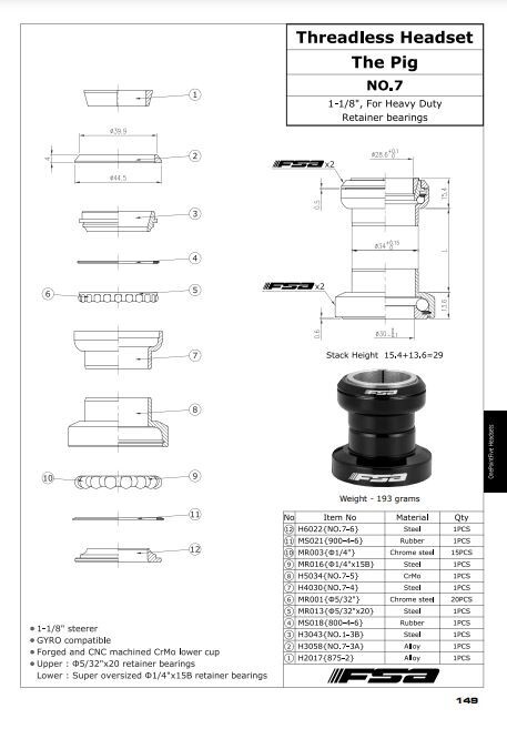 FSA Pig No.7 Complete Headset Bearing Kit Upper & Lower Caged Bearings ...