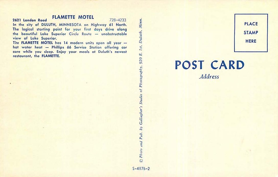 Roadside Postcard Flamette Motel & Phillips 66 Gas Station, Duluth ...