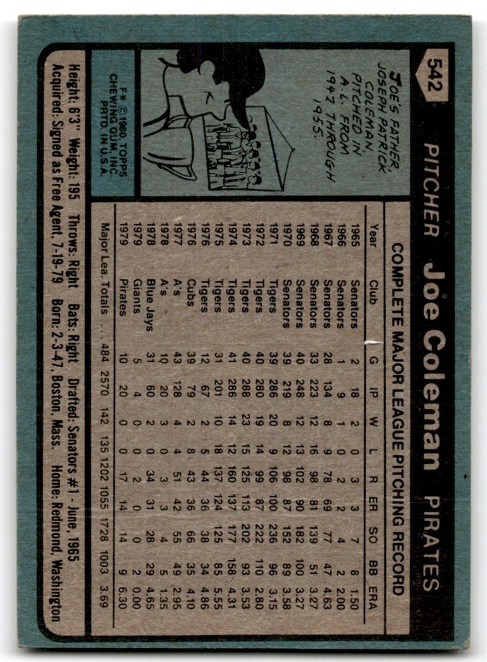 1980 TOPPS JOE COLEMAN PITTSBURGH PIRATES #542 | eBay