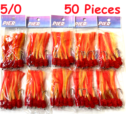 50 Pieces 5/0 Shrimp Fly Rigs Tied Hook Red Yellow Rockfish Baits | eBay