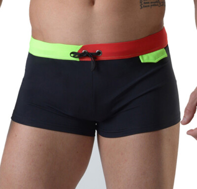 GERONIMO Swimwear Mens Boxer Trunks Square Cut Swimming Suit Black Blue ...