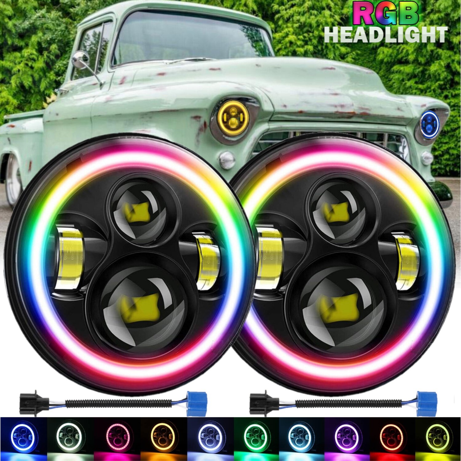 7" Inch RGB LED Headlights Halo Angel Eyes DRL for Chevy C10 Pickup ...