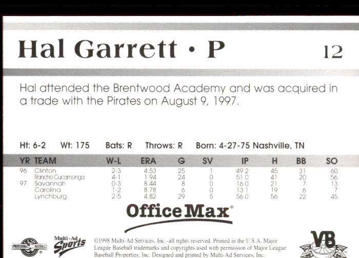1998 Vero Beach Dodgers Multi-Ad #12 Hal Garrett Nashville Tennessee TN ...