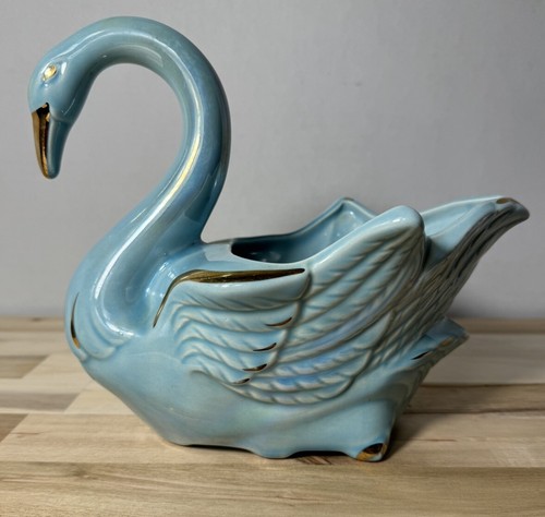 Vtg Ceramic Swan Planter Vase Blue Lusterware Gold Gilt Trim MCM Retro ...