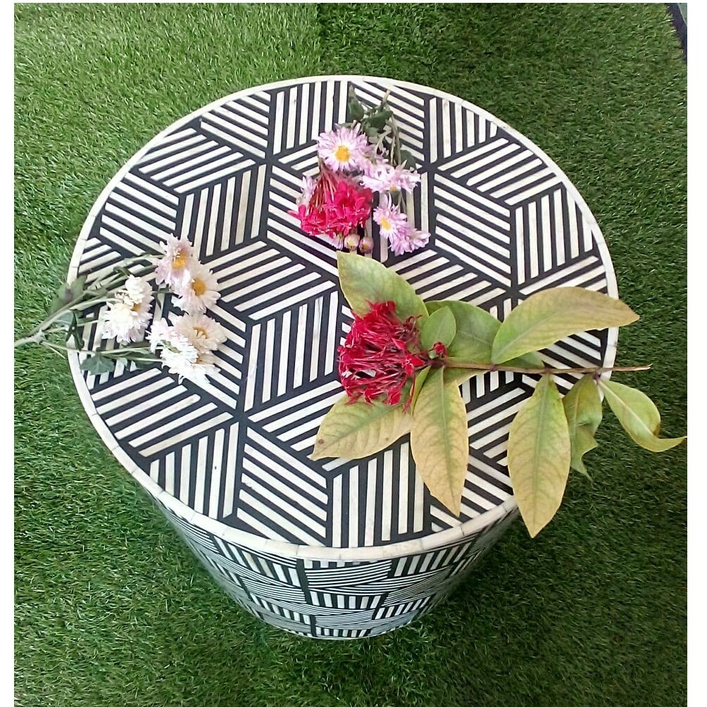 Handmade Bone Inlay Geometric Pattern Round Shaped Stool for Home and ...