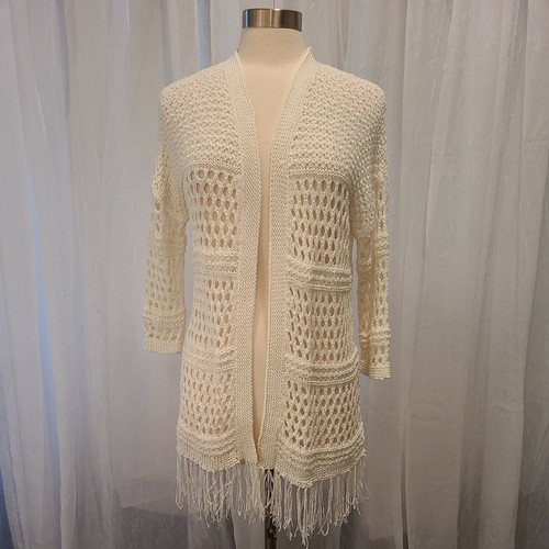 Chelsea &Theodore Open Weave Crocheted Long Cardigan Boho Fringe Large ...